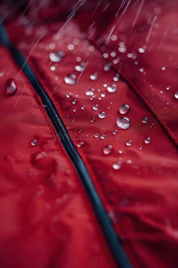 Vibrant Red Waterproof Jacket Features Numerous Small Water Droplets ...