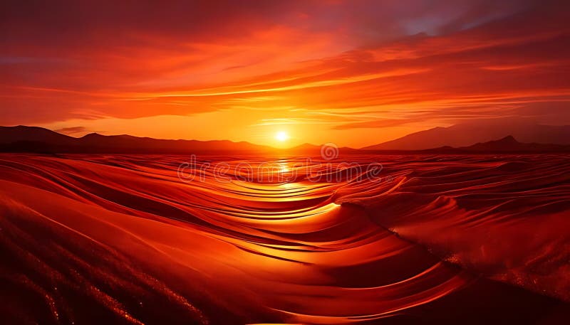 Vibrant Red Waves of Sand Ripple Under a Brilliant, Orange Sunset Sky ...