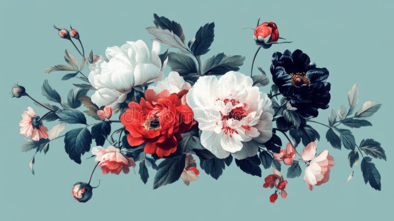 Vibrant Red White and Black Rose Bouquet on Teal Background Stock ...