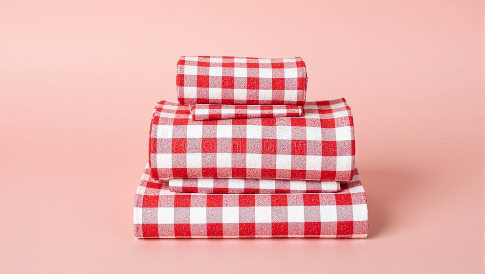 Vibrant Red and White Gingham Fabric Stack with Crisp Texture Stock ...