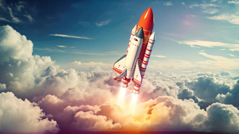 A Vibrant Red and White Rocket Accelerating through the Sky, on Its Way ...