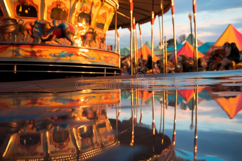 A Vibrant Reflection of a Carnival Carousel Spinning in the Evening ...