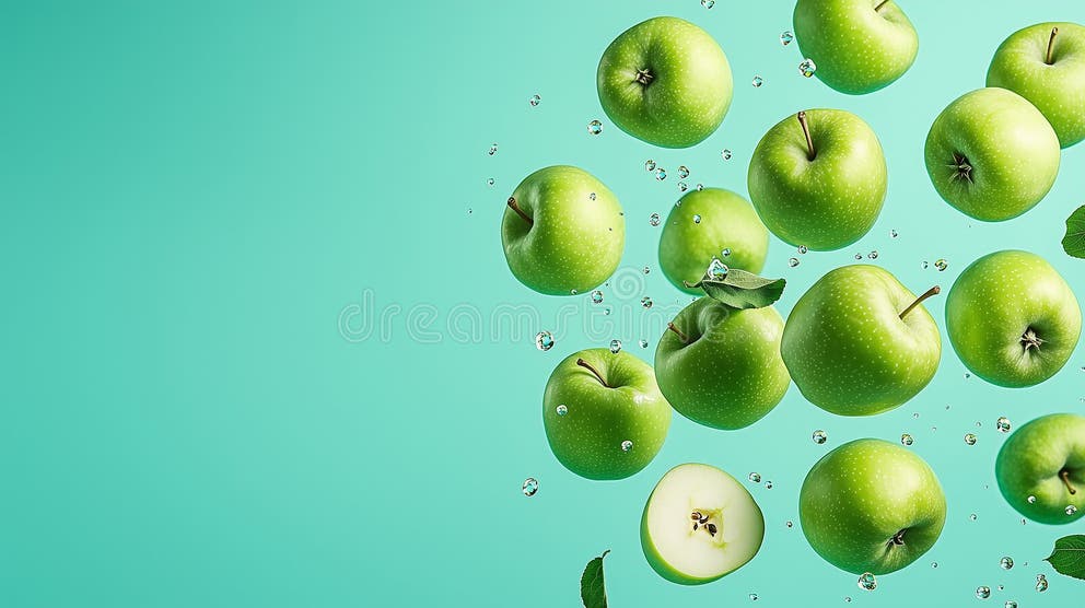 Floating Green Apples with Water Droplets Against a Fresh Turquoise ...