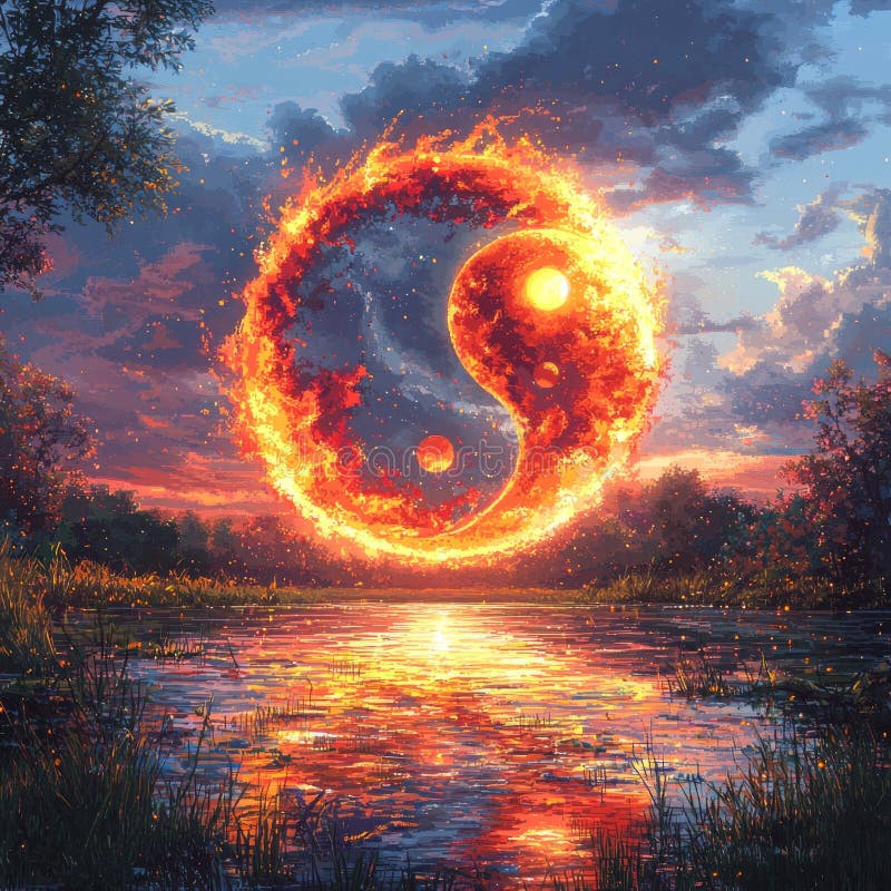Vibrant Representation of Yin Yang in Pixel Art Featuring Fire and ...