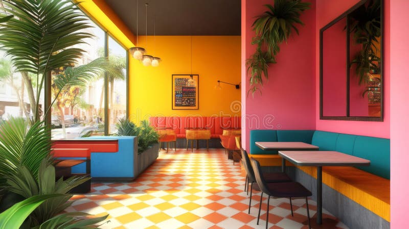 Vibrant Restaurant Interior Design with Colorful Booths Stock ...