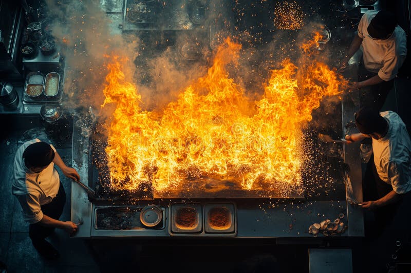 Flames Dance As Chefs Skillfully Grill at a Modern Restaurant Kitchen ...