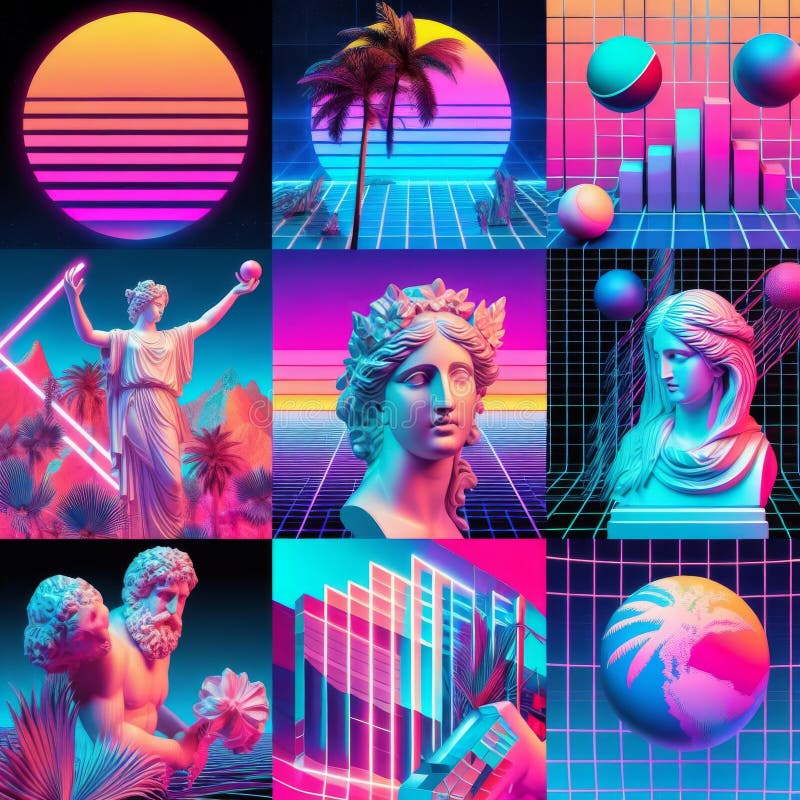 Vibrant Retro Collage with Neon and Classical Elements Stock Photo ...