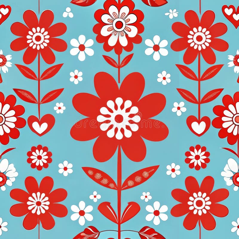 Vibrant Retro Flower Pattern with Red and White Blooms on Blue Background Stock Photo - Image of ...