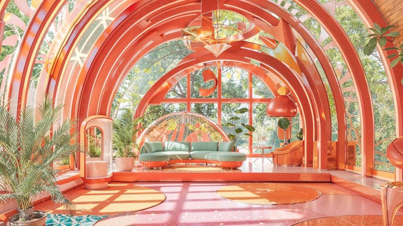 Vibrant Retro Futuristic Interior with Arched Windows and Lush Greenery ...