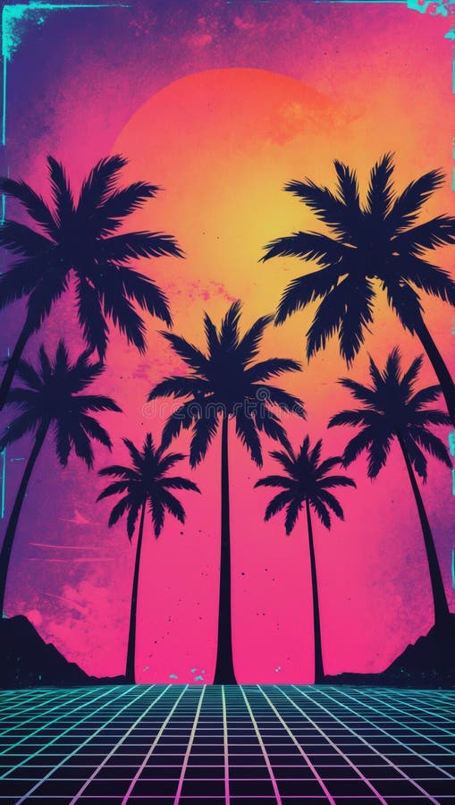 Vibrant Retro-futuristic Landscape with Palm Trees Silhouetted Against ...
