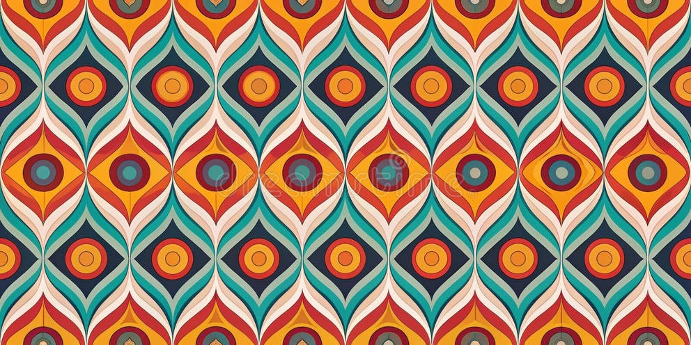 Vibrant Retro Geometric Pattern with Interlocking Circular and Diamond ...