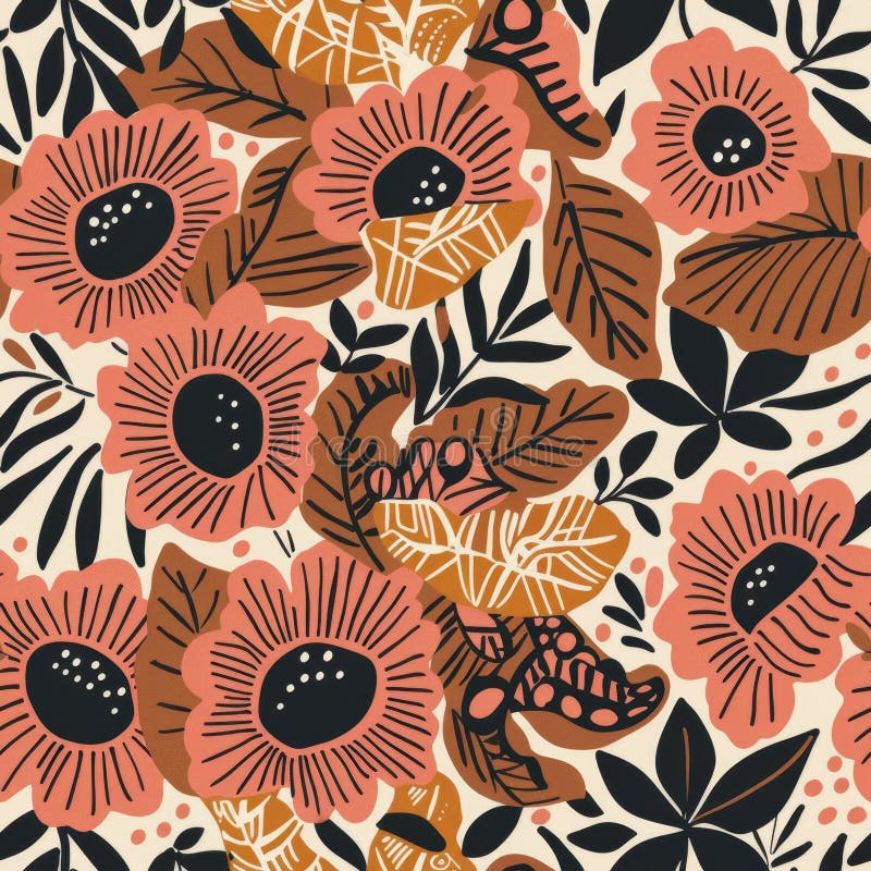 Vibrant Retro-Inspired Floral Pattern Design with Warm Tones Stock ...