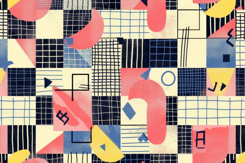 A Vibrant Retro-inspired Grid Pattern Featuring Bold Geometric Shapes ...