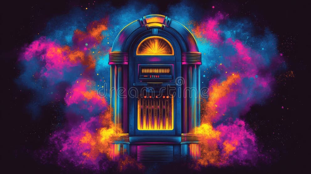 Vibrant Retro Jukebox in Neon Lights Stock Illustration - Illustration ...