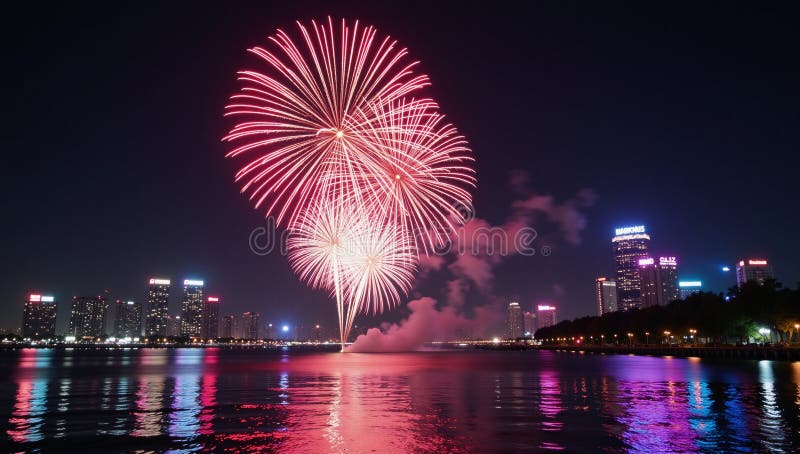A Vibrant Retro Neon Firework Show Against a Glowing Neon Backdrop ...