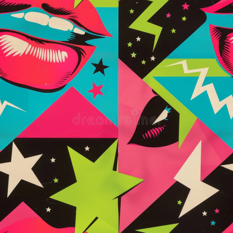 Vibrant Retro Pop Art Collage with Bold Graphics and Neon Colors Stock ...