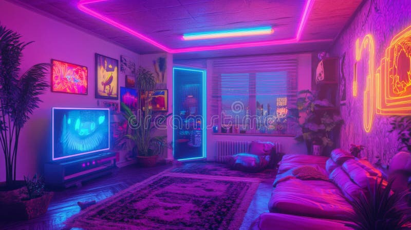Vibrant Retro Room with Neon Lights and Pixel Art Stock Illustration ...