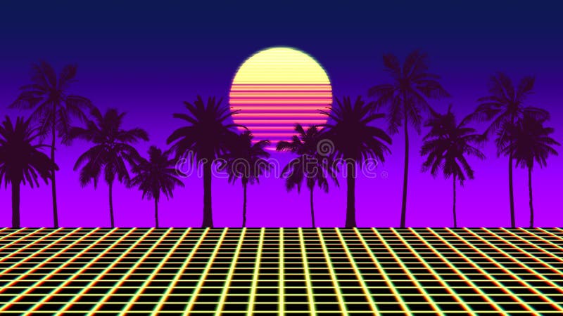 Vibrant Sunset Palm Trees in Retro 80s Style Background with Grid ...