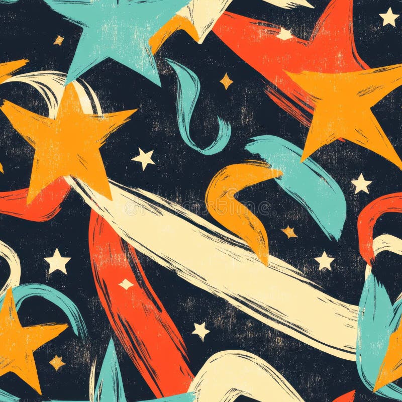 Vibrant Retro Stars and Ribbons Pattern on Textured Background Stock ...