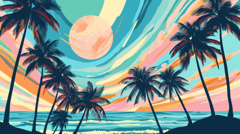 Vibrant Retro-Style Beach Sunset with Palm Trees and Ocean Waves Stock ...