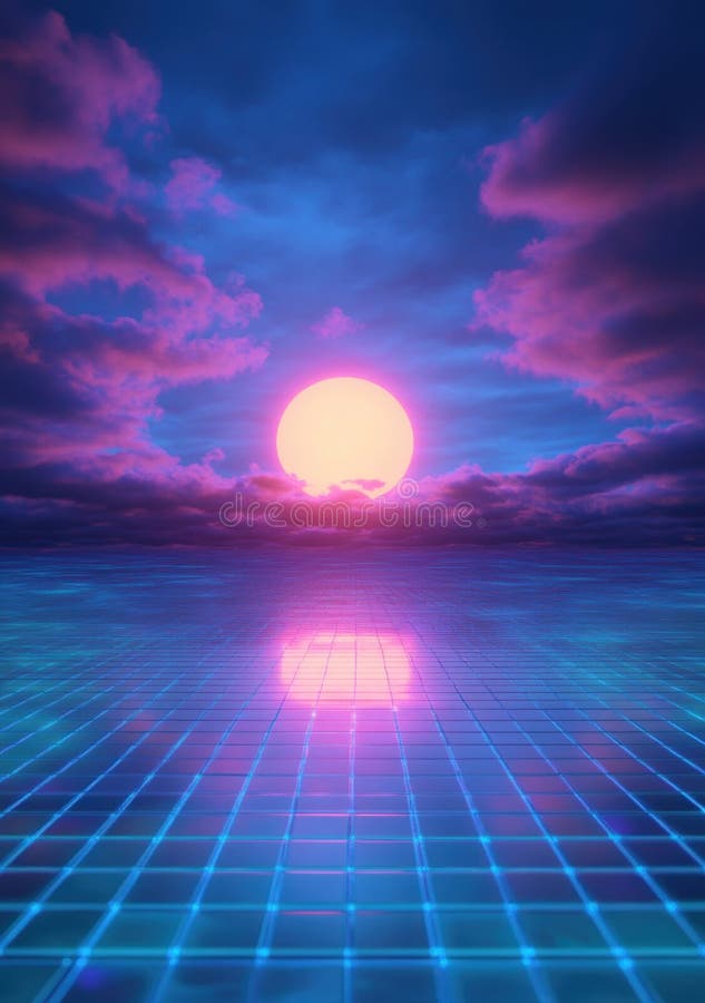 Vibrant Retro Sunset Over Ocean with Reflective Grid Surface Stock ...