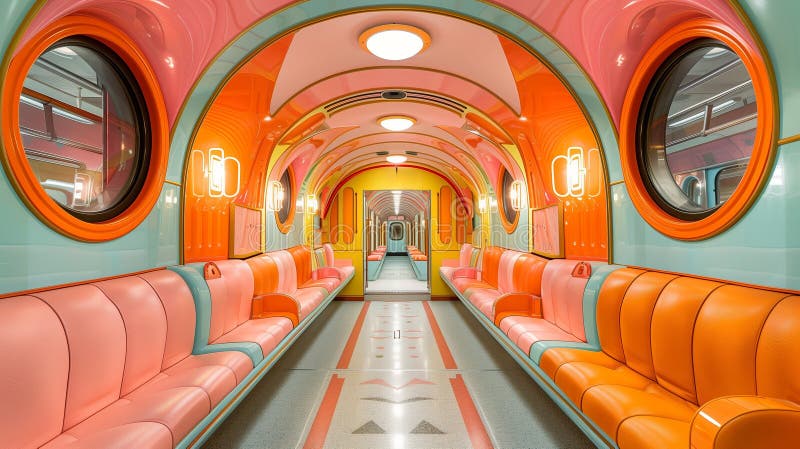 Vibrant Retro-Themed Subway Interior Featuring Colorful Seating and ...