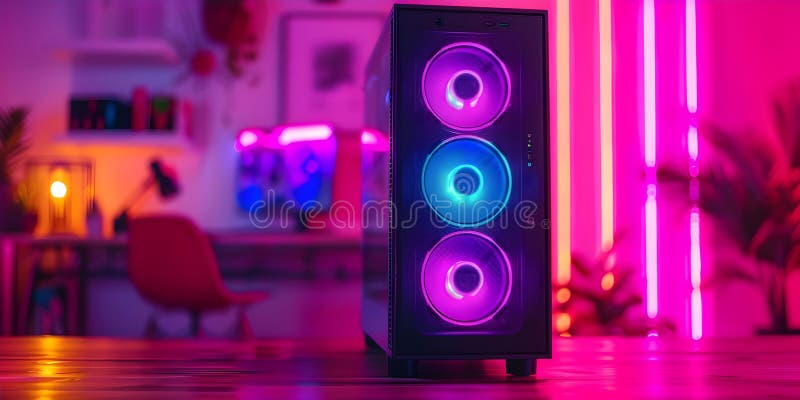 Vibrant RGB Gaming PC Case with Cooling Fans and Neon Lights on a Table ...