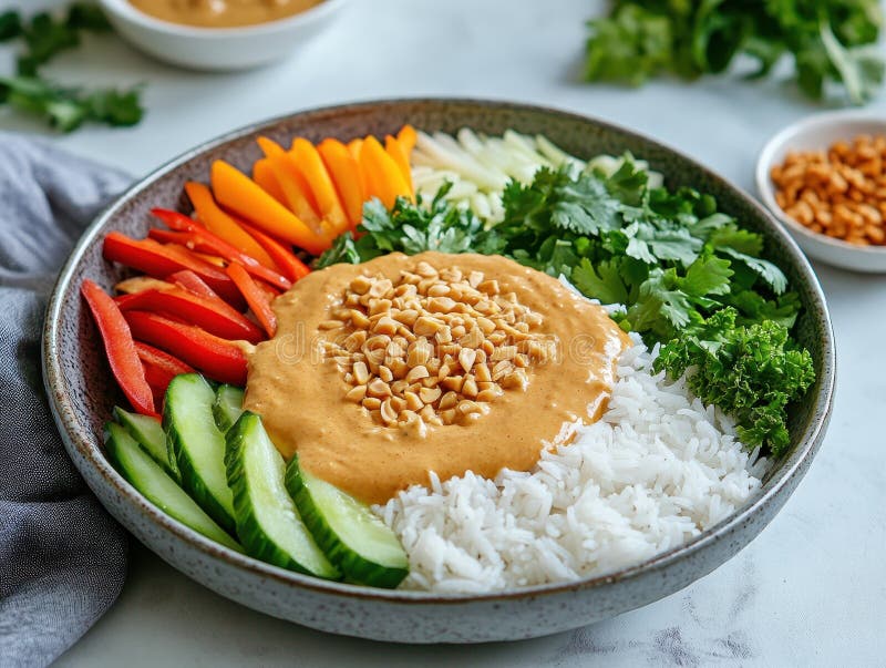 A Vibrant Rice Bowl Topped with Peanut Sauce and Assorted Fresh ...