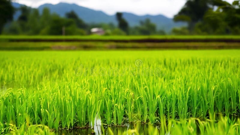 Vibrant Rice Plants Thrive in Rows while Clouds Linger Above a Lush ...