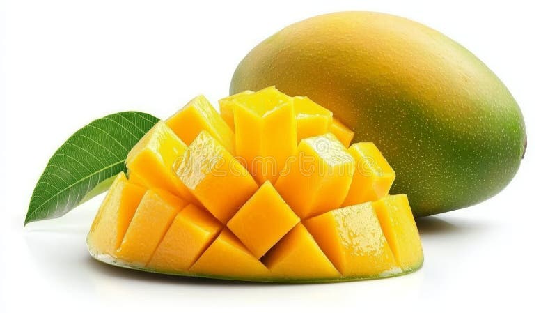 Vibrant Ripe Mango with Lush Green Leaves on Clean White Background ...