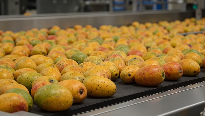 Vibrant Ripe Mangoes on Conveyor Belt in Processing Plant Stock ...