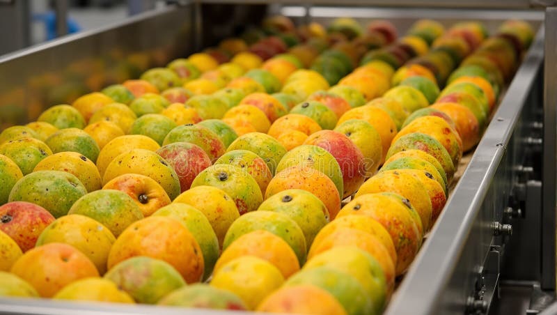 Vibrant Ripe Mangoes on Conveyor Belt in Processing Plant Stock ...