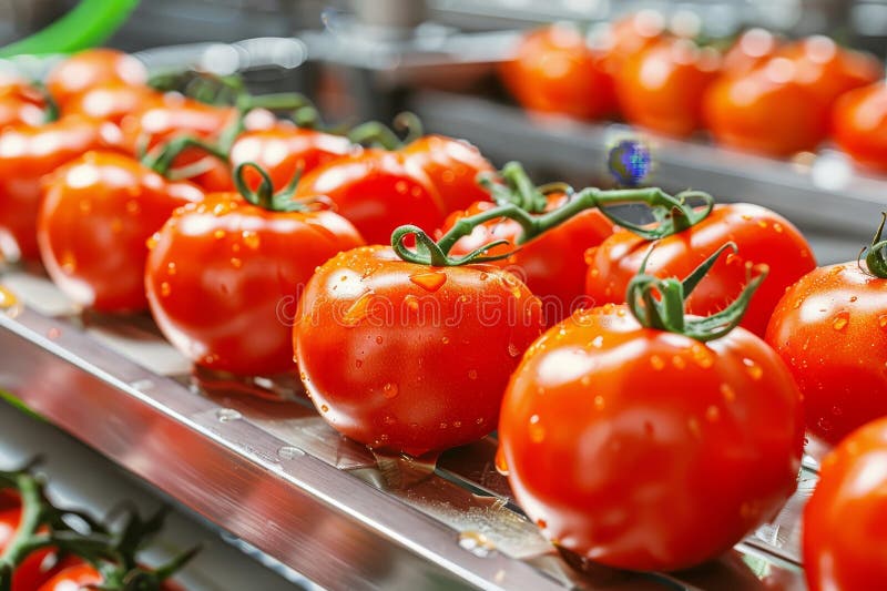 Vibrant Ripe Tomatoes on Conveyor Belt in a Busy Fresh Produce ...