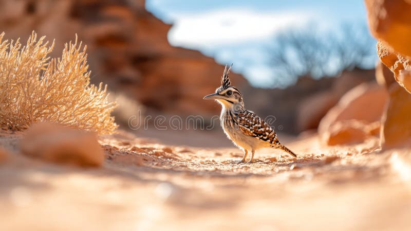 A Vibrant Roadrunner Forages on the Sandy Desert Ground, Framed by ...