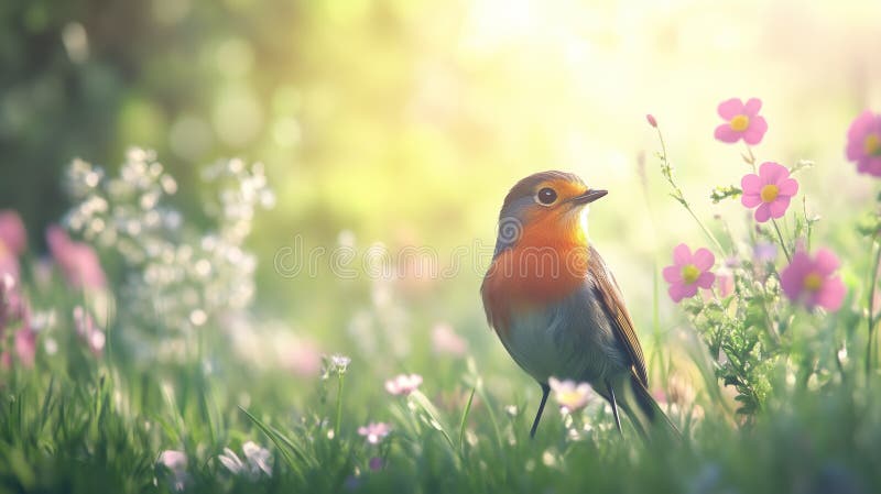 A Vibrant Robin Perches among Spring Wildflowers, Bathed in Golden ...