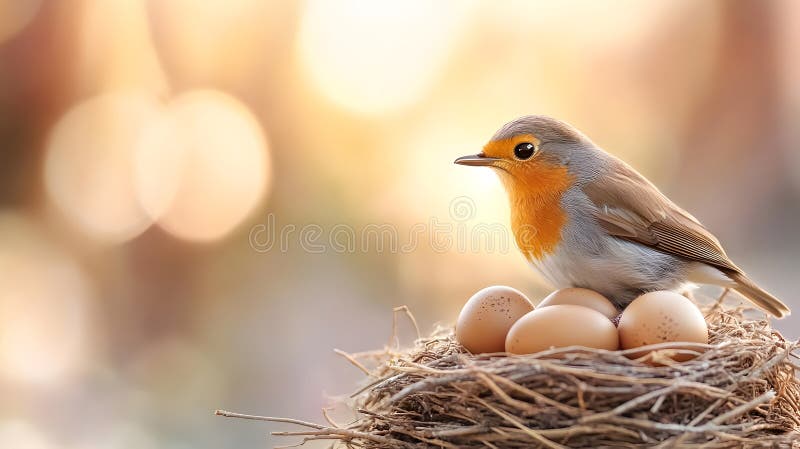 Vibrant Robin Sitting on Nest with Eggs in Warm Morning Light. Perfect ...