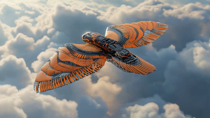 Vibrant Robotic Bird with Orange Metallic Wings in Flight Stock Image ...