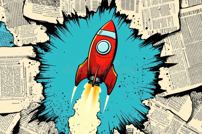 Vibrant Rocket Bursts through Newspaper Backdrop, Symbolizing ...