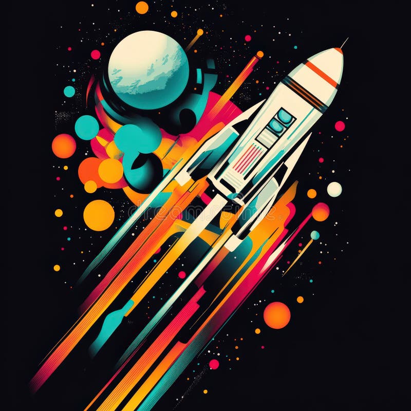 Vibrant Rocket Launch with Abstract Space Elements Stock Illustration ...