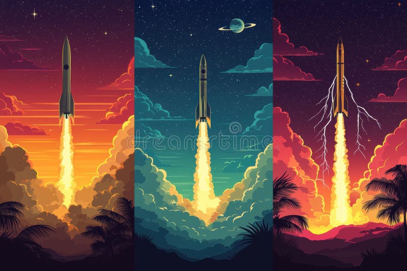 Vibrant Rocket Launch Illustration in Three Distinct Scenes Stock Image ...