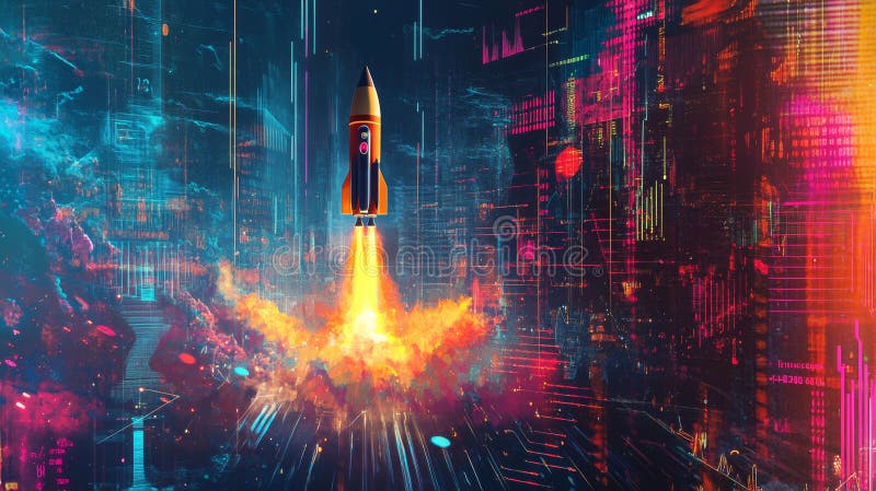 A Vibrant Rocket Launches Amidst Futuristic Data and Graphs ...