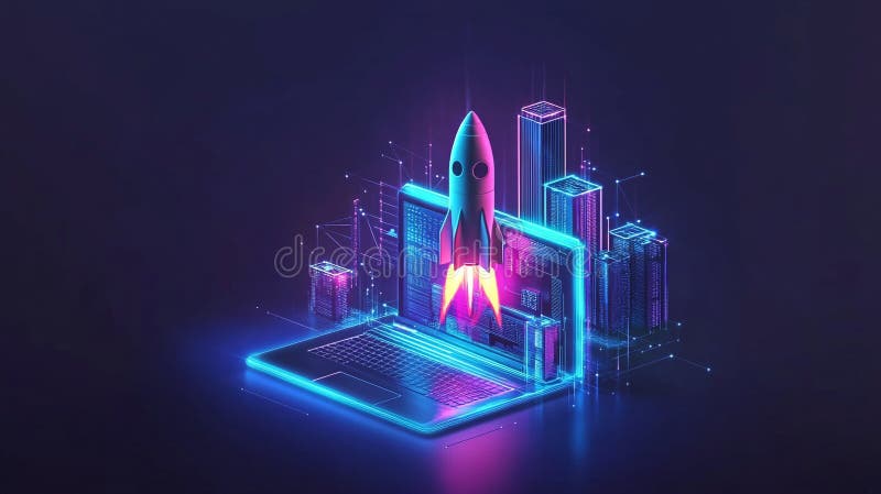 Digital Rocket Launching from a Futuristic Laptop in a Tech-inspired ...