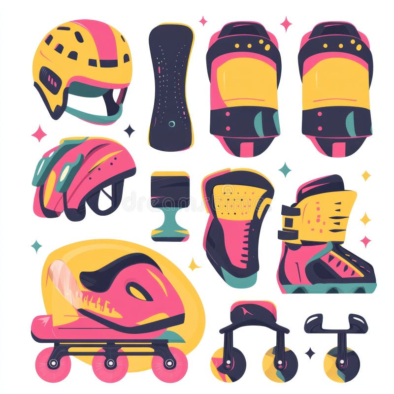 Vibrant Roller Skating Gear Illustration, Helmets, Knee Pads, and ...