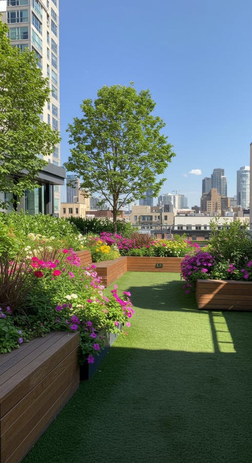 Vibrant Rooftop Garden with City View Stock Photo - Image of ...