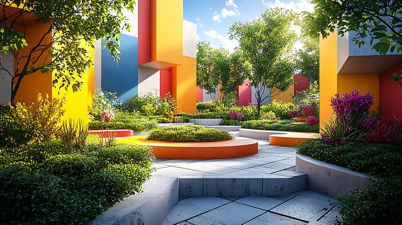 Vibrant Rooftop Garden Featuring Abstract Planters and Lush Greenery ...