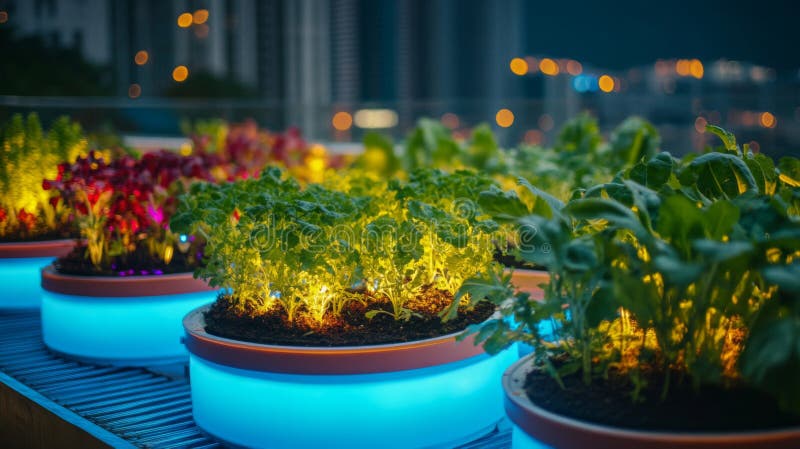 Vibrant Rooftop Garden at Night with Illuminated Plants Stock ...