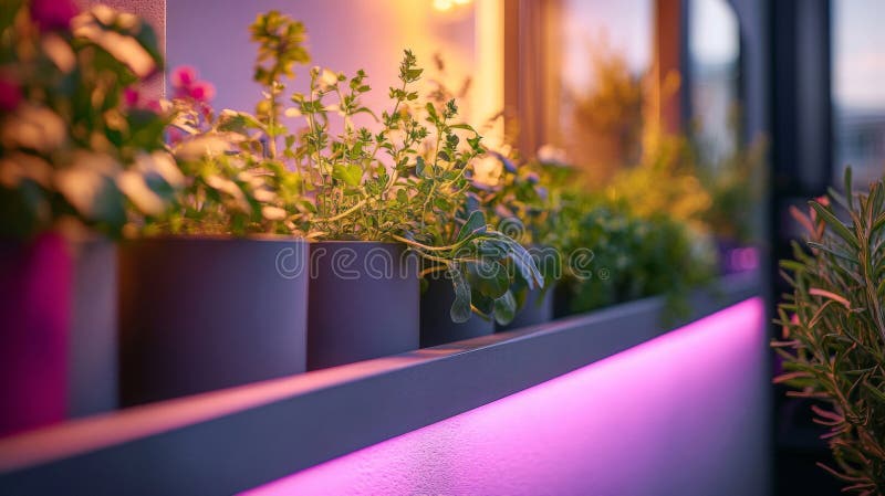 Vibrant Rooftop Garden with Pink LED Grow Lights Stock Illustration ...