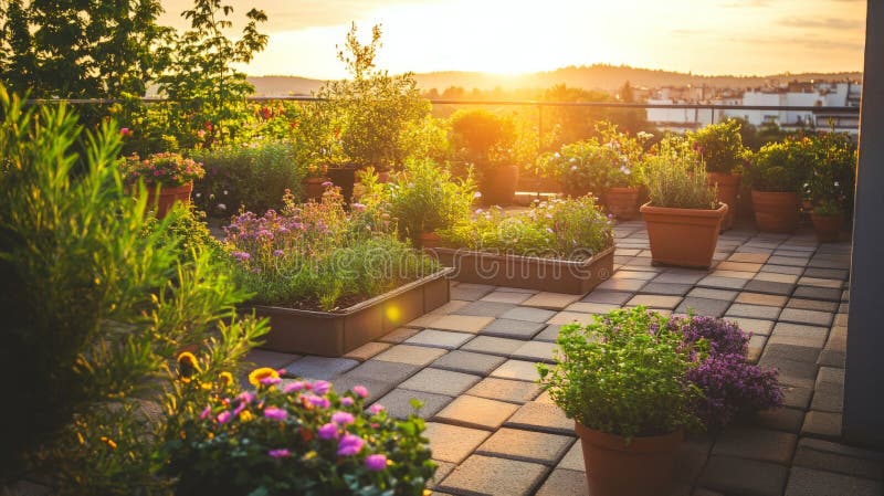 Vibrant Rooftop Garden at Sunset Stock Illustration - Illustration of ...