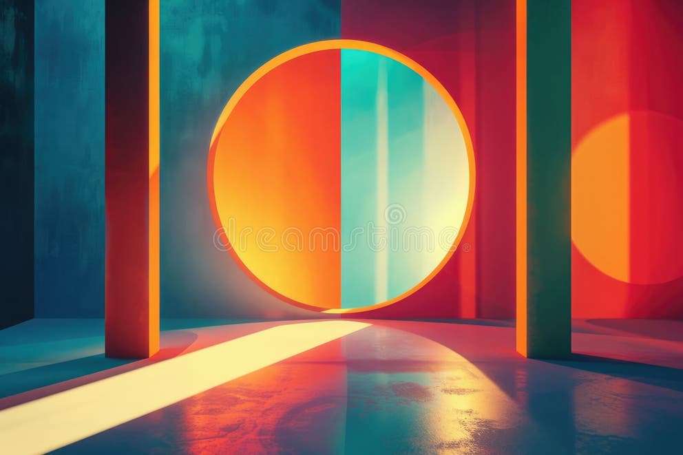A Vibrant Room with a Circular Mirror and Columns, Perfect for a Modern ...