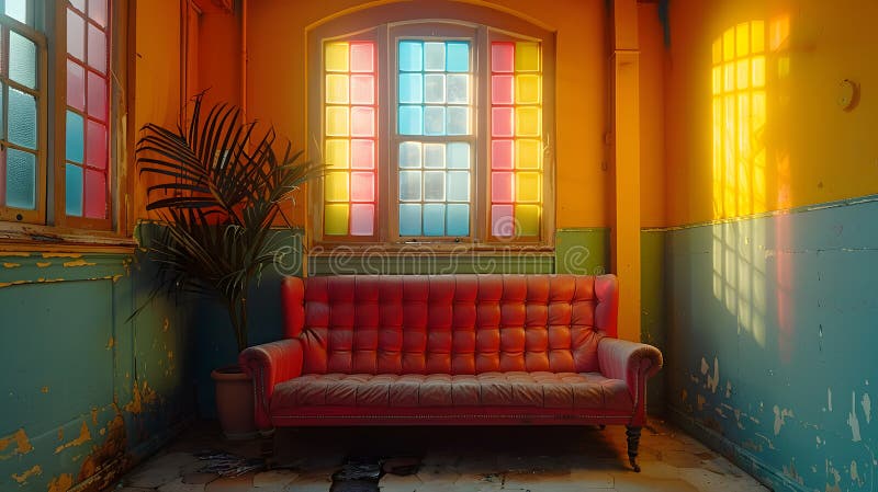 Colorful Room With Red Couch Stained Glass Windows And Vibrant Houseplants Stock Image Image